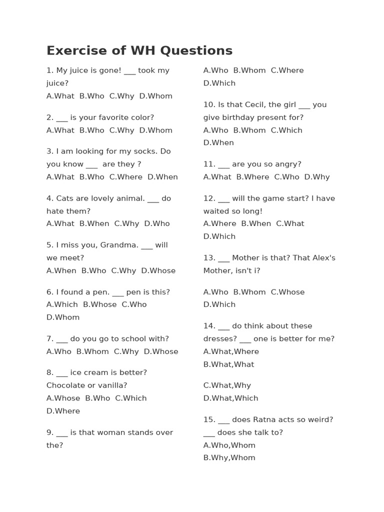 WH Questions Exercise for A1 Level | PDF