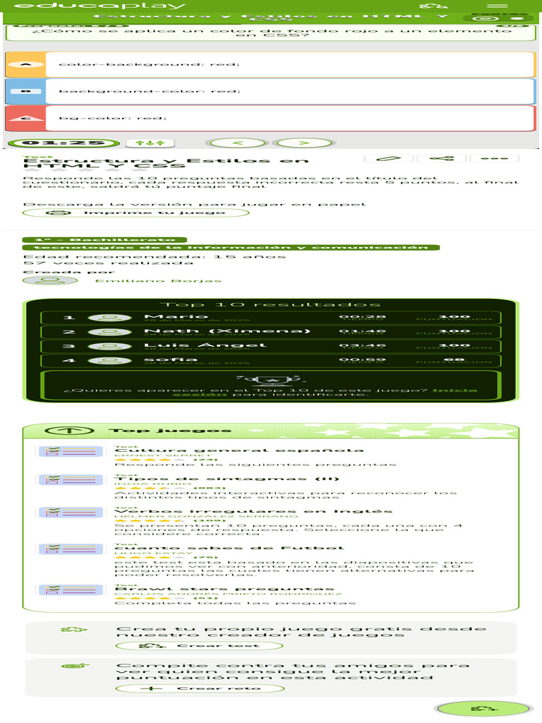 Test Estructura y Estilos en HTML Y CSS (1º - Bachillerato ...