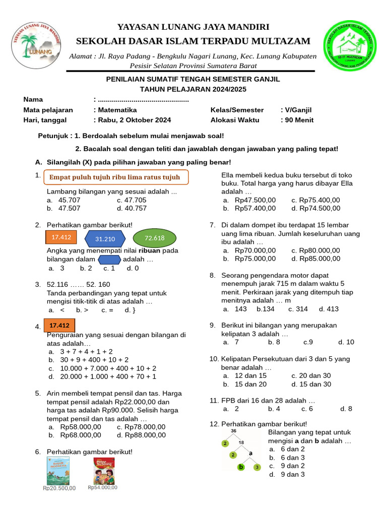 PTS Ganjil MTK Kelas 5 | PDF