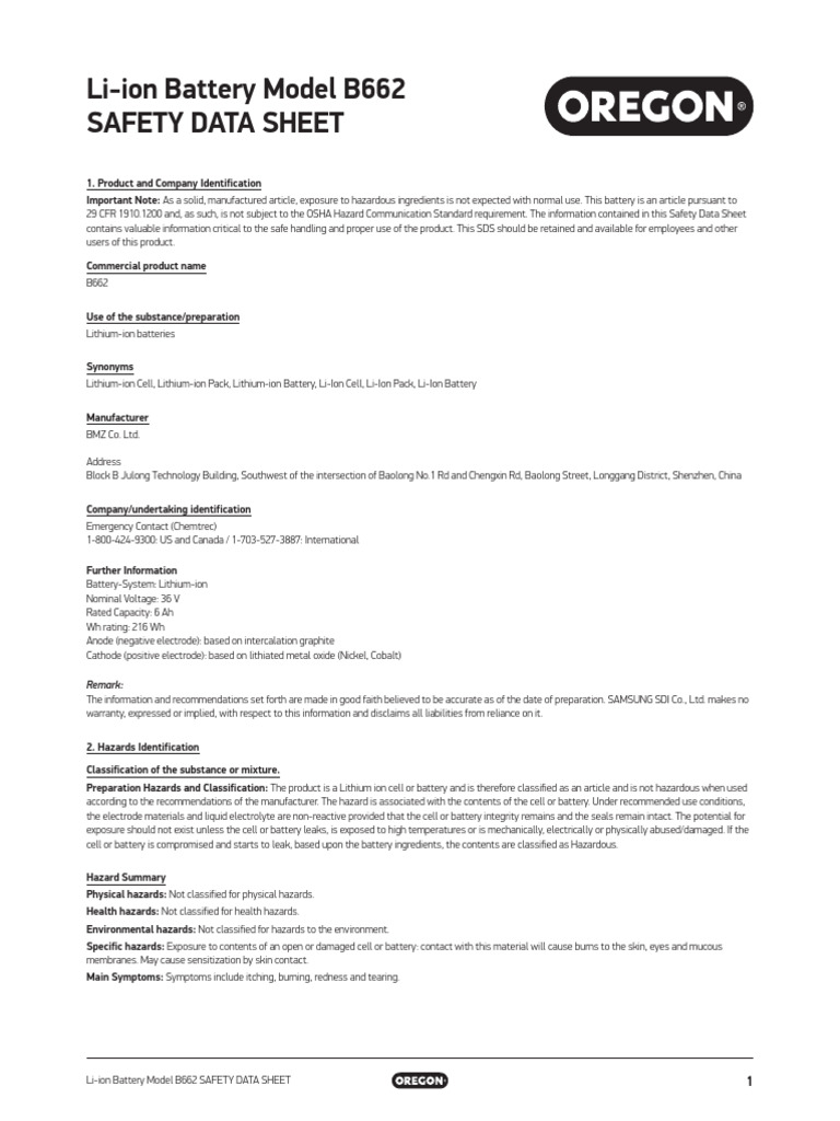 B662 Li-ion Battery Safety Data Sheet | PDF | Lithium Ion Battery
