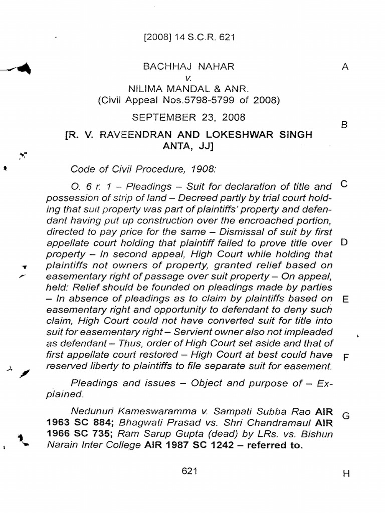 Bachhaj Nahar Vs Nilima Mandal (2008) 17 SCC 491 | PDF | Lawsuit | Pleading