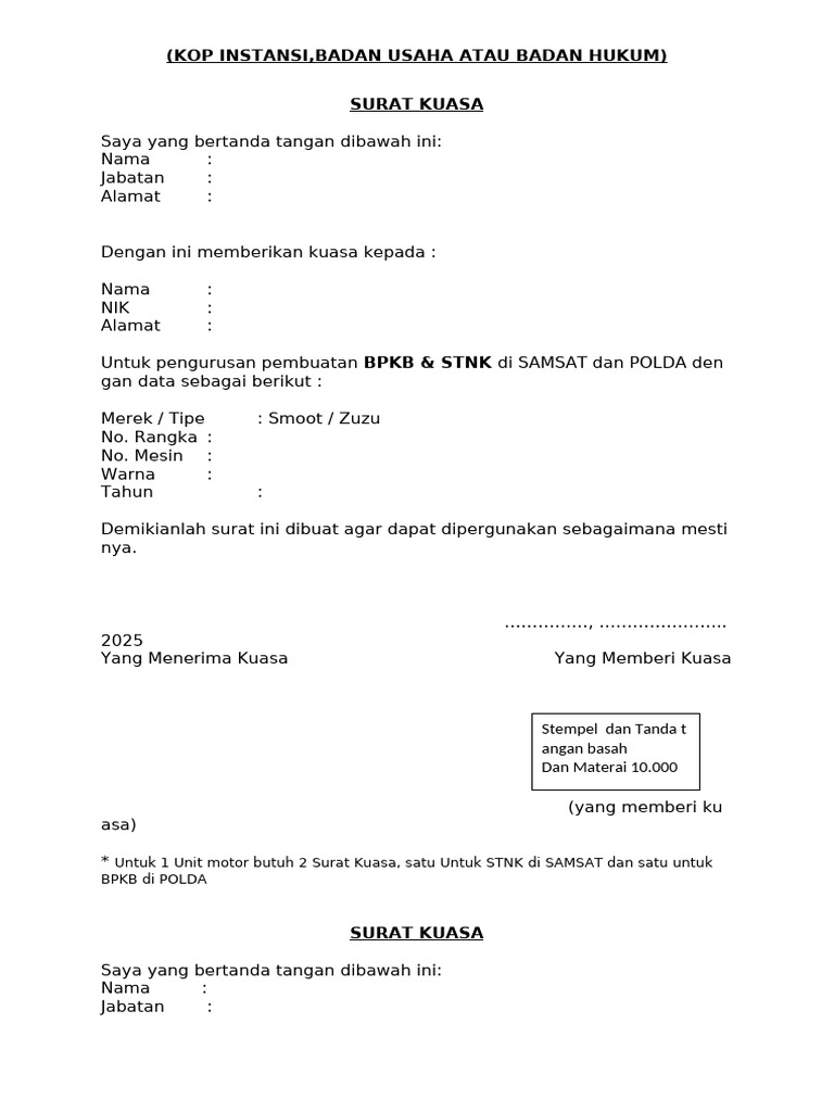 Template Surat Kuasa Urus STNK Perusahaan 2025 Zuzu | PDF