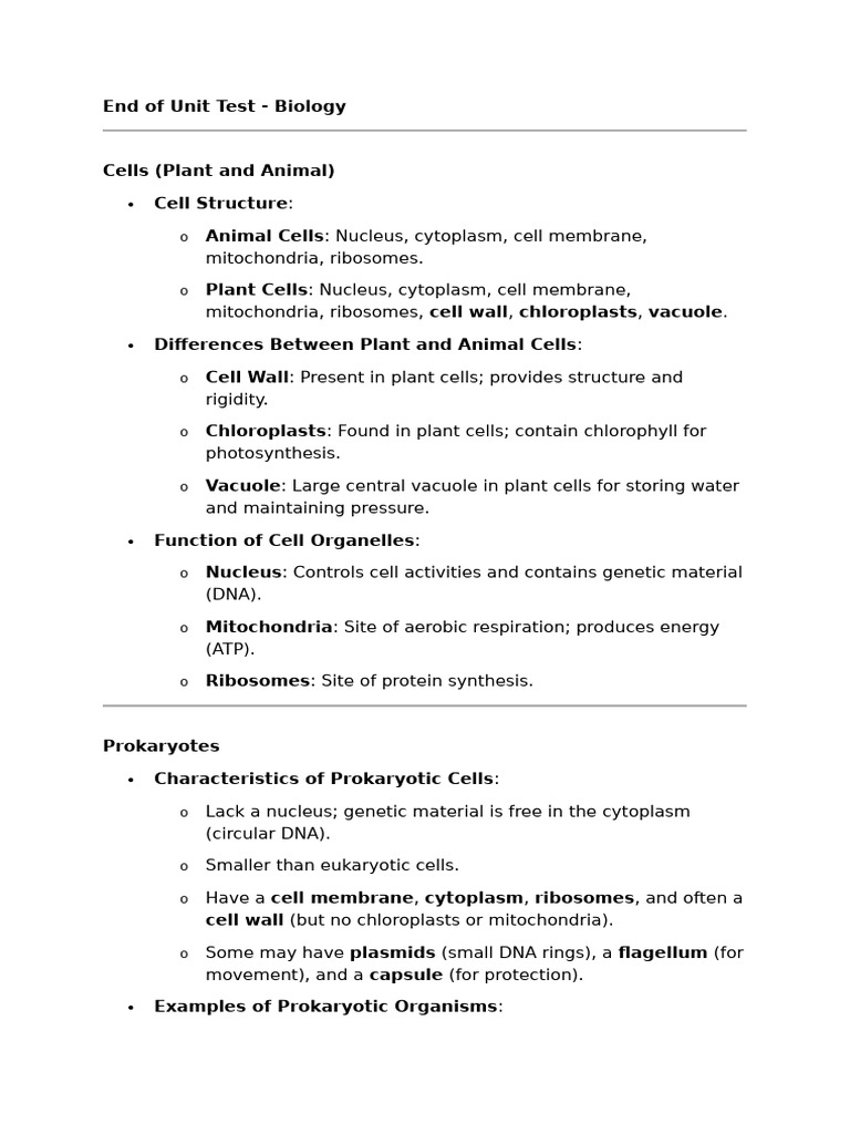 End of Unit Test - Biology | PDF | Cell (Biology) | Eukaryotes