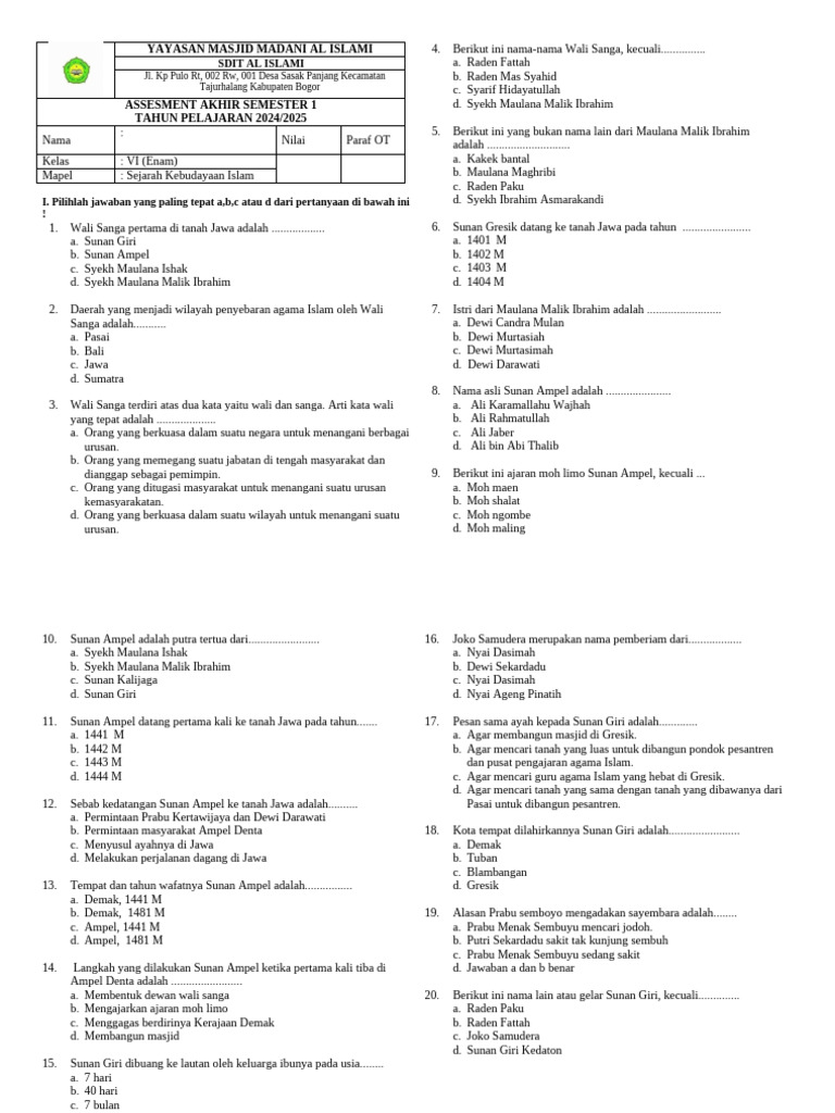 Soal PTS Semester 1 Kelas 6 Mata Pelajaran SKI Tahun Ajaran 2024-2025 | PDF