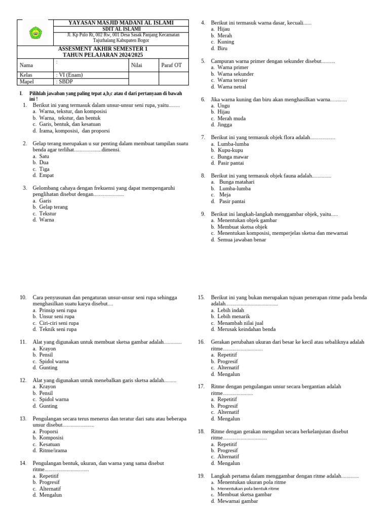 Soal PTS Semester 1 Kelas 6 Mata Pelajaran SBDP Tahun Ajaran 2024-2025 | PDF