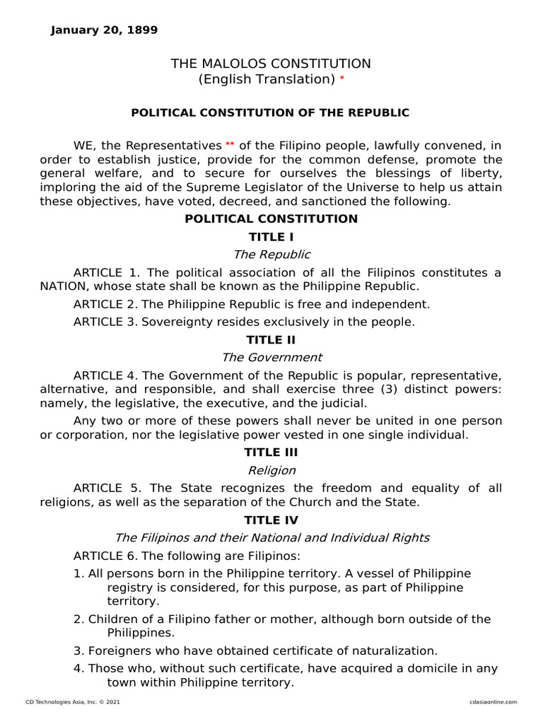 The 1899 Malolos Constitution | PDF | Presidents Of The United States ...