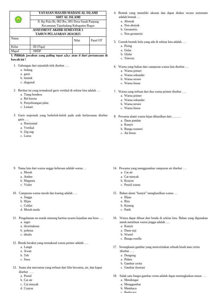 Soal PTS Semester 1 Kelas 3 Mata Pelajaran SBDP Tahun Ajaran 2024-2025 | PDF