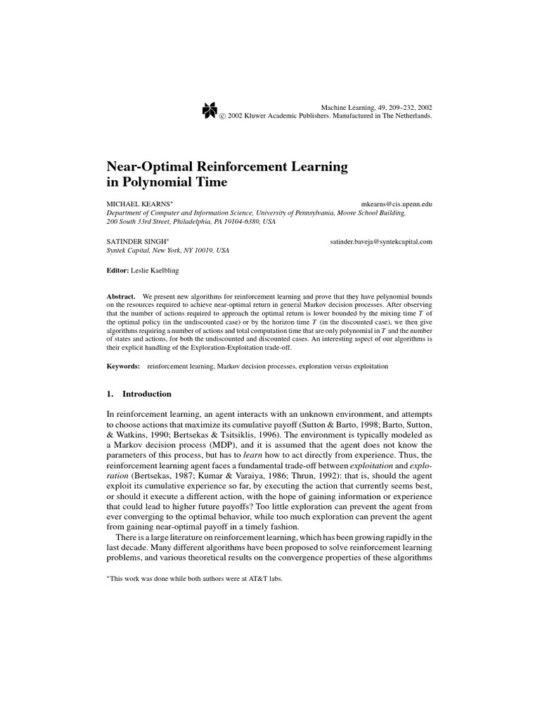 Near-Optimal Reinforcement Learning in Polynomial Time | PDF | Markov Chain | Theoretical ...