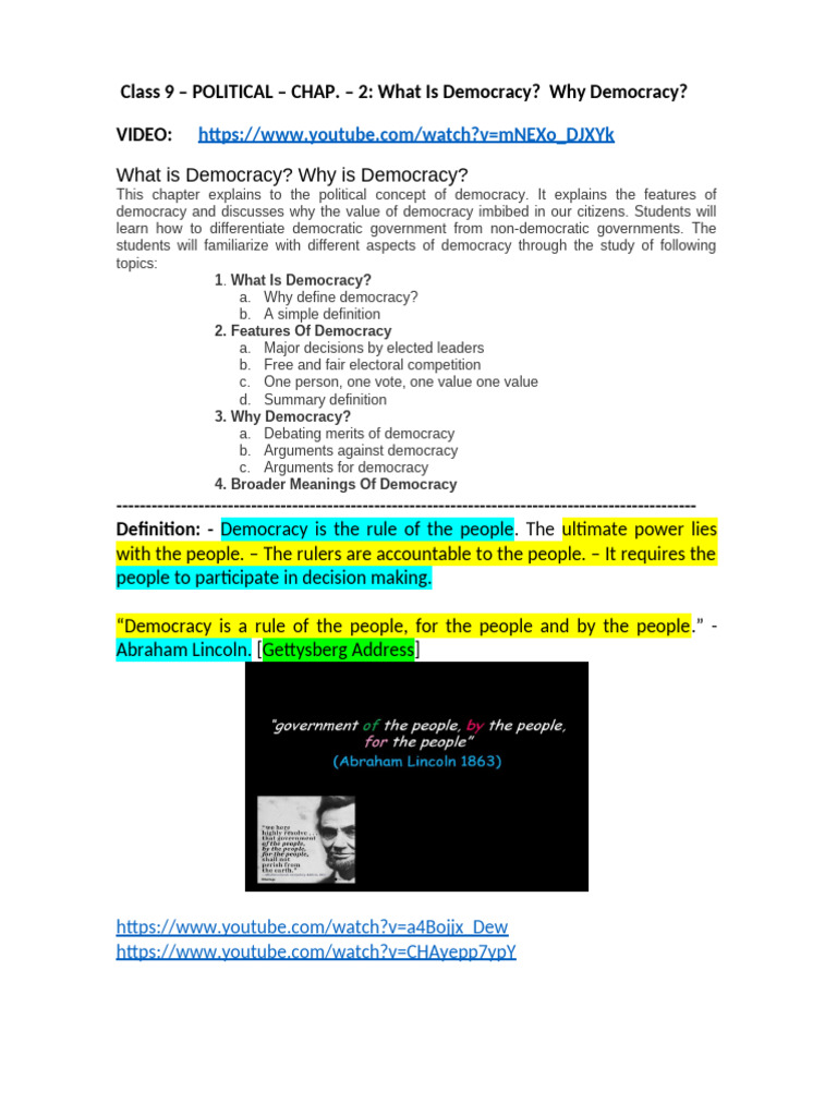 9 Pol - Chapter 2 - What Is Democracy and Why Democracy - Notes | PDF ...