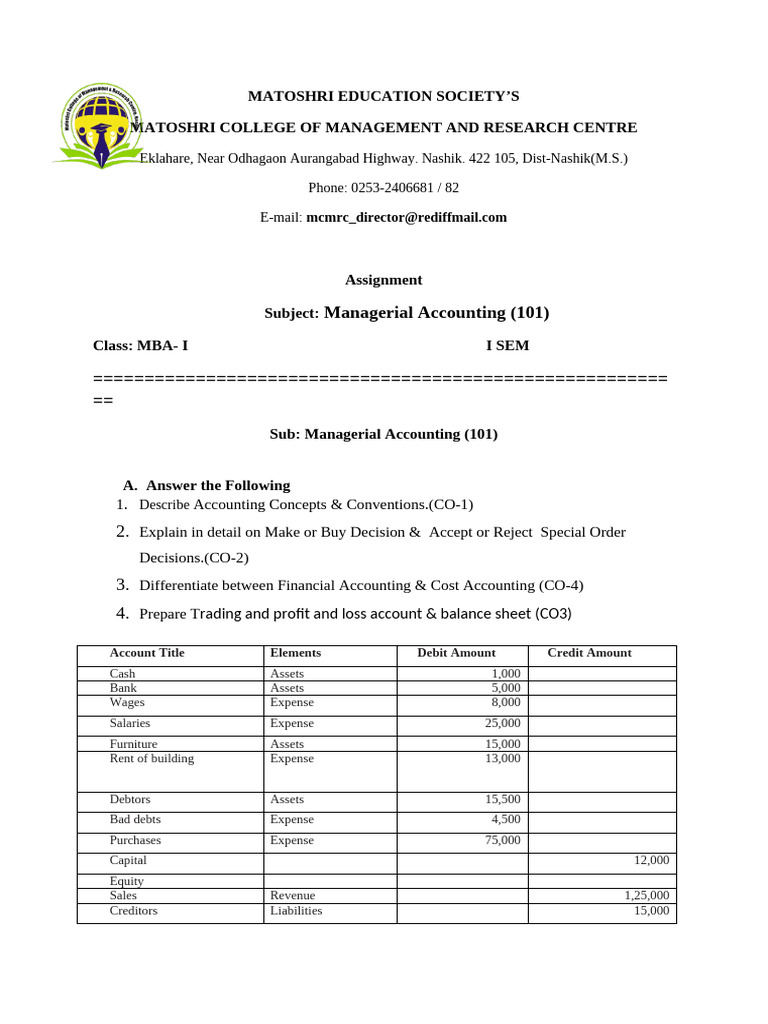 Managerial Accounting Assignment 101 | PDF | Debits And Credits | Expense