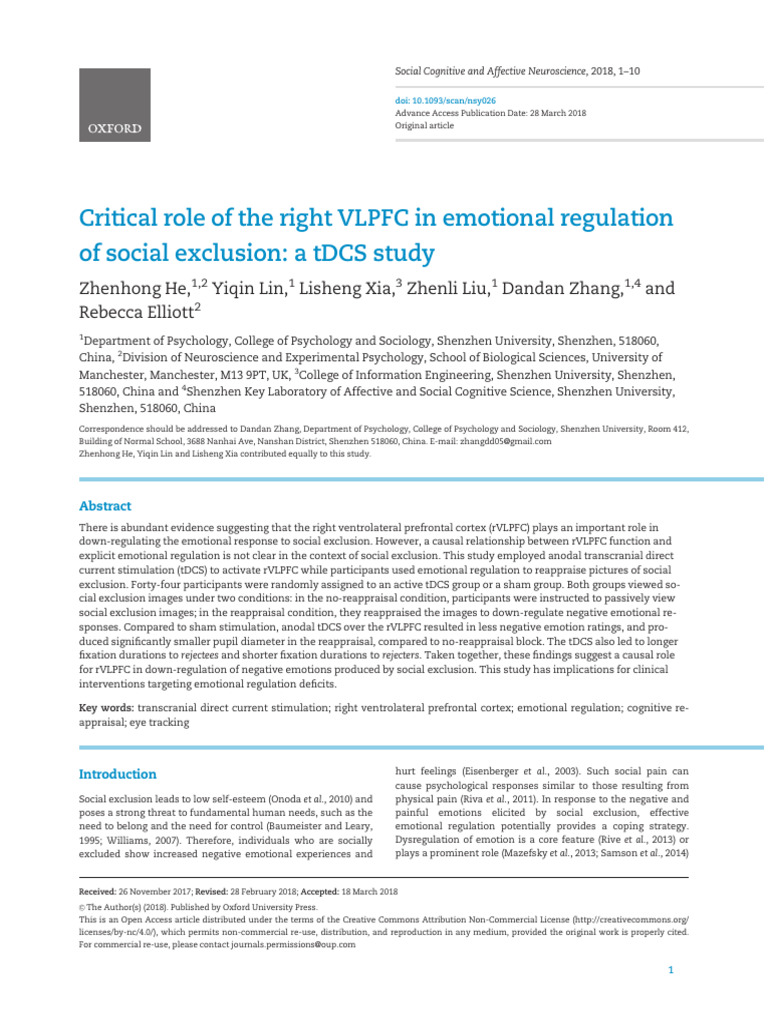 Critical Role of The Right VLPFC in Emotional Regulation of Social ...