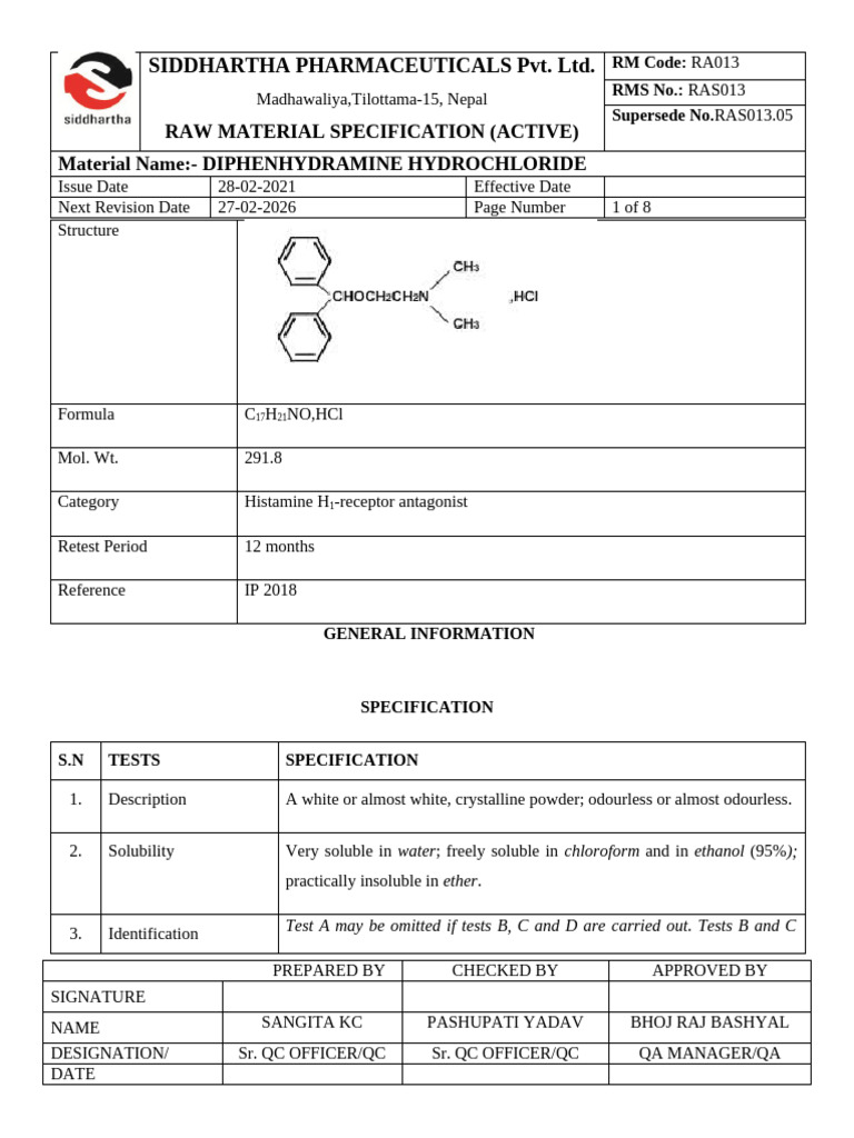 Diphenhydramine HCl Solubility Specs | PDF | Solubility | Acid