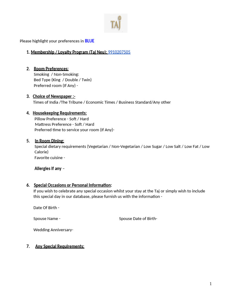 Preference Sheet | PDF