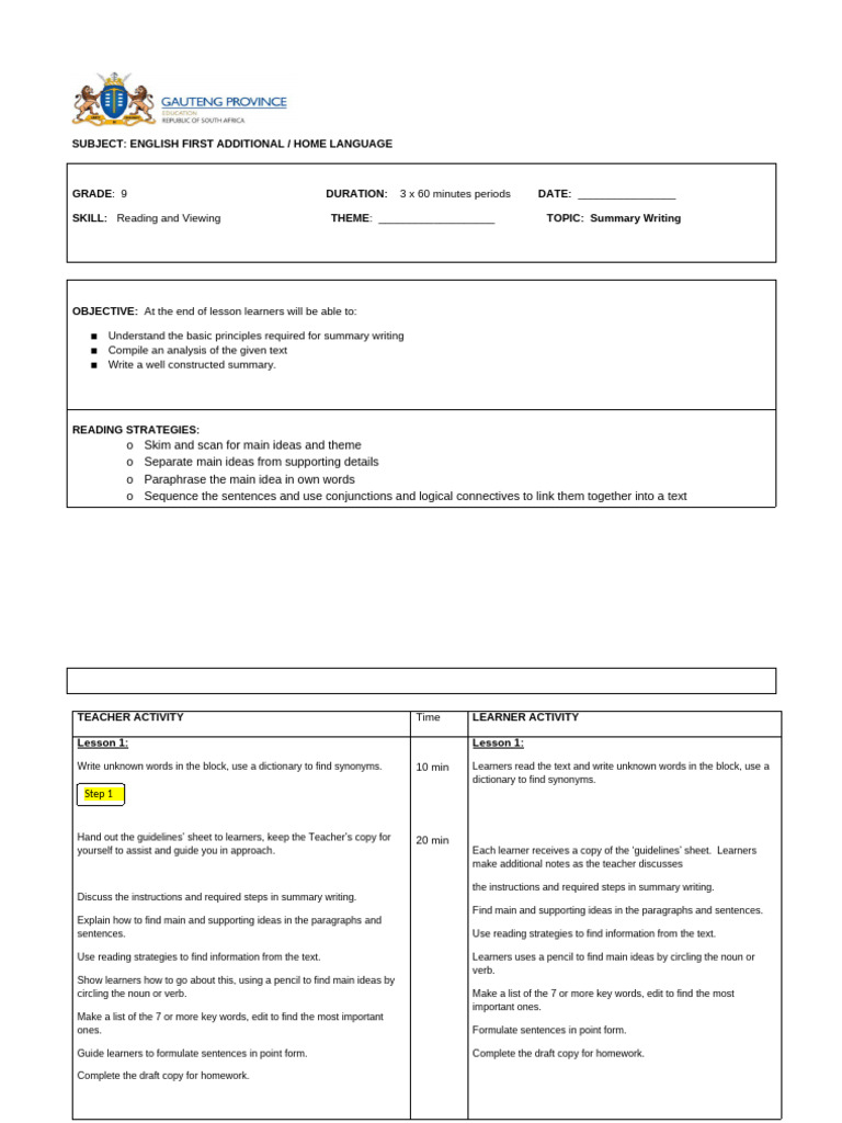 Grade 9 Summary Writing Lesson Plan | PDF | Cognitive Science | Learning