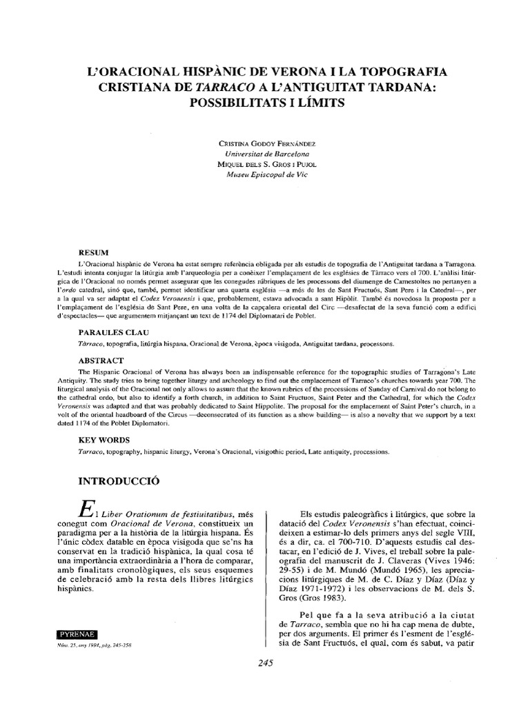 Vista de L'Oracional Hispànic de Verona I La Topografia Cristiana de Tarraco A L'antiguitat ...