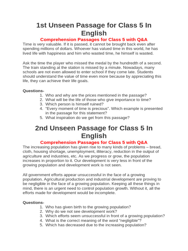 Short Passage For Class 5 in English Comprehension | PDF | Economies