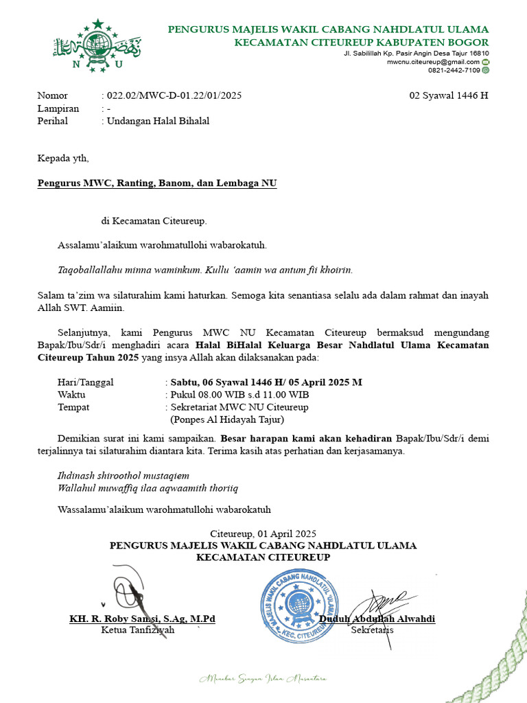 S.023.MWC- Undangan Halal Bihalal 2025 KBNU Citeureup | PDF