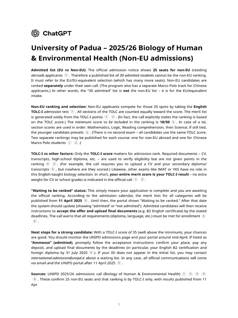 University of Padua - 2025 - 26 Biology of Human & Environmental Health ...