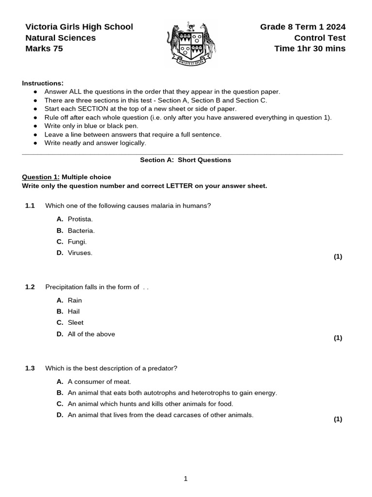 Grade 8 Natural Sciences Control Test Term 1 2024 | PDF | Food Web ...