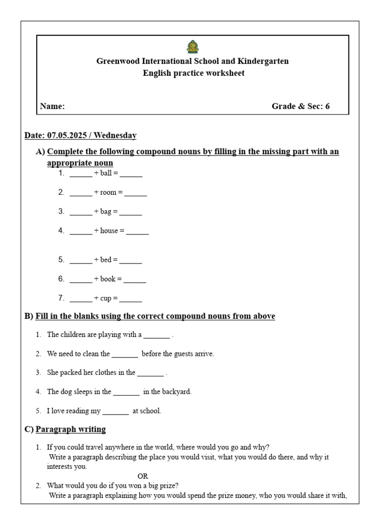 English Practice Worksheet for Grade 6 | PDF