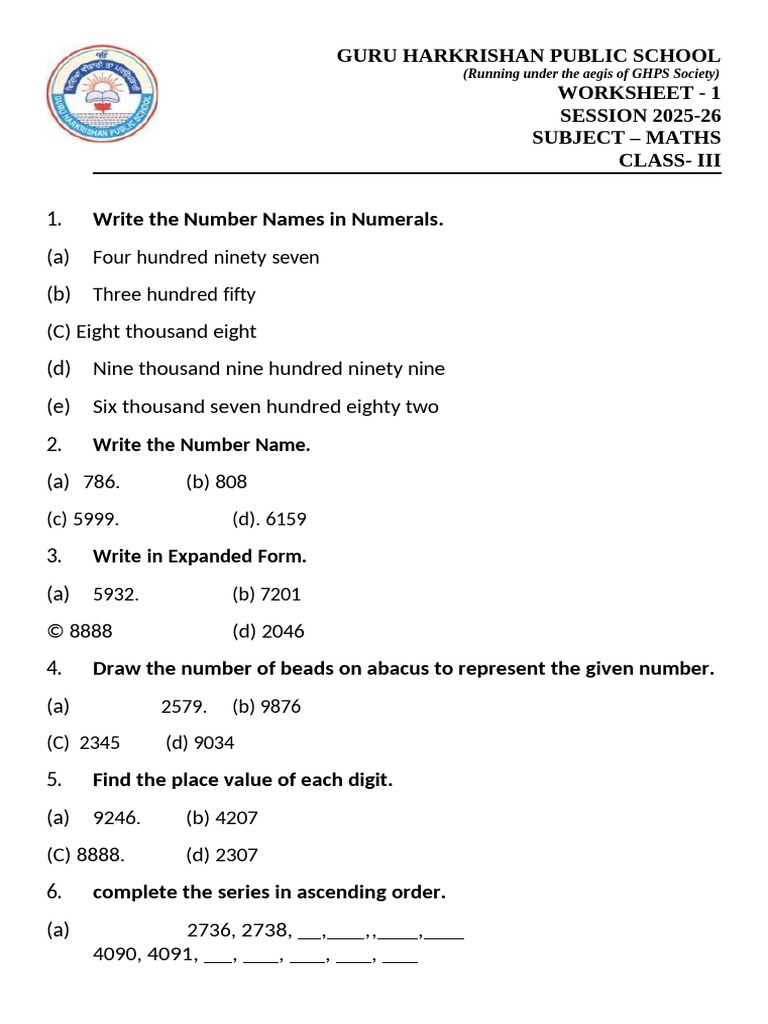Class 3 Worksheet 2 Maths | PDF