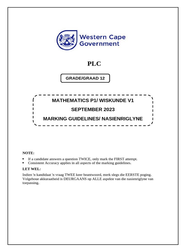 2023 Gr12 Sept P1 Marking Guideline - NasienriglyneM | PDF | Mathematics | Mathematical Analysis
