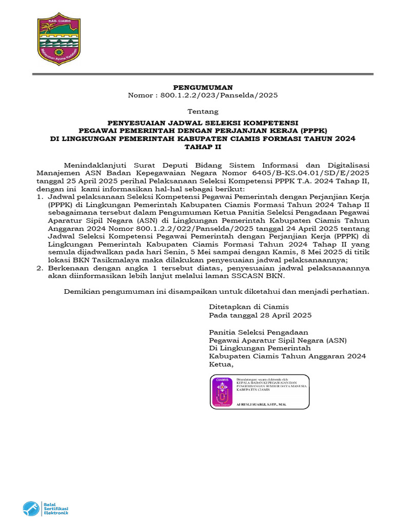 Pengumuman Penyesuaian Jadwal Seleksi Kompetensi PPPK Tahap II TF 2024 - Sign | PDF