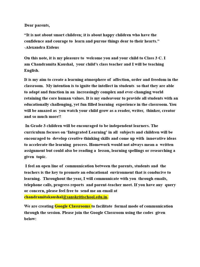 Class 3C WELCOME LETTER 25-26 | PDF | Learning | Classroom