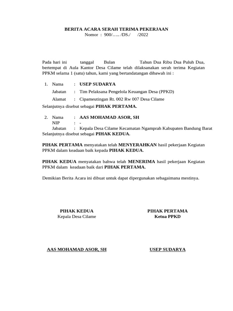 Berita Acara Serah Terima Pekerjaan | PDF