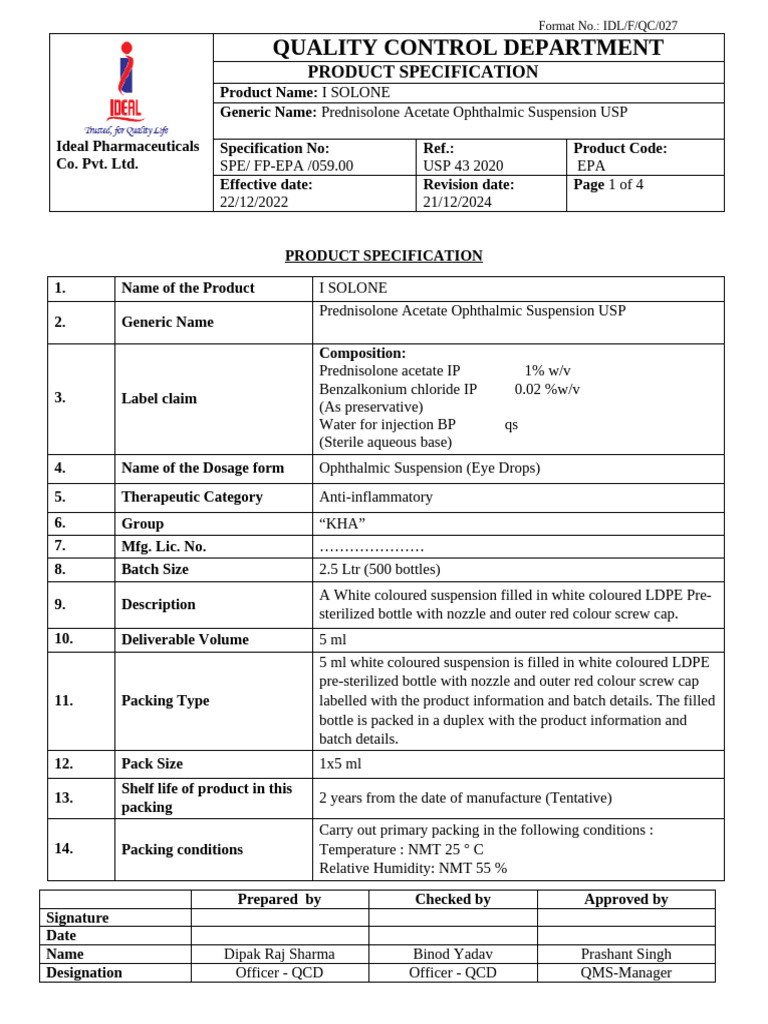 I Solone Product Specification | PDF