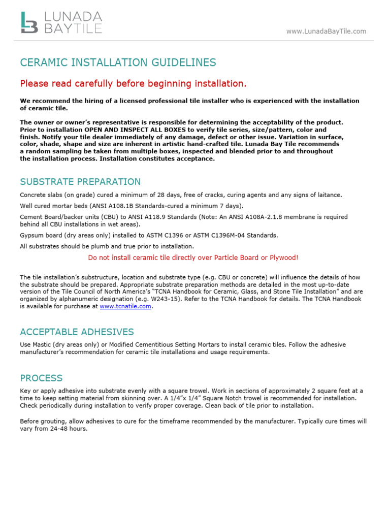 Ceramic Installation Guidelines | PDF | Tile | Adhesive