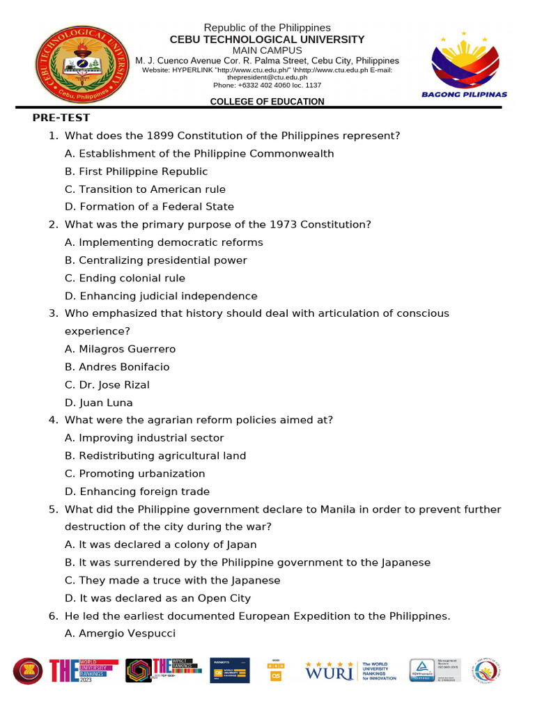 Philippine History Pre-Test Questions | PDF | Philippines