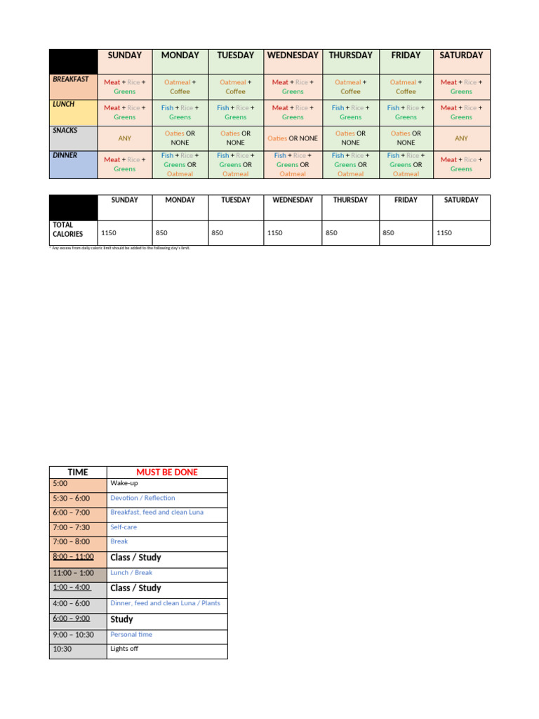 Schedule and diet | PDF | Lunch | Foods