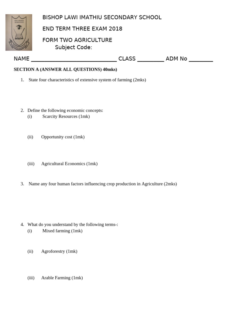 AGRICULTURE FORM 2 | PDF | Agriculture | Fertilizer