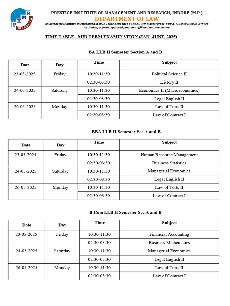Re- Mid Term Time Table | PDF | Justice | Crime & Violence