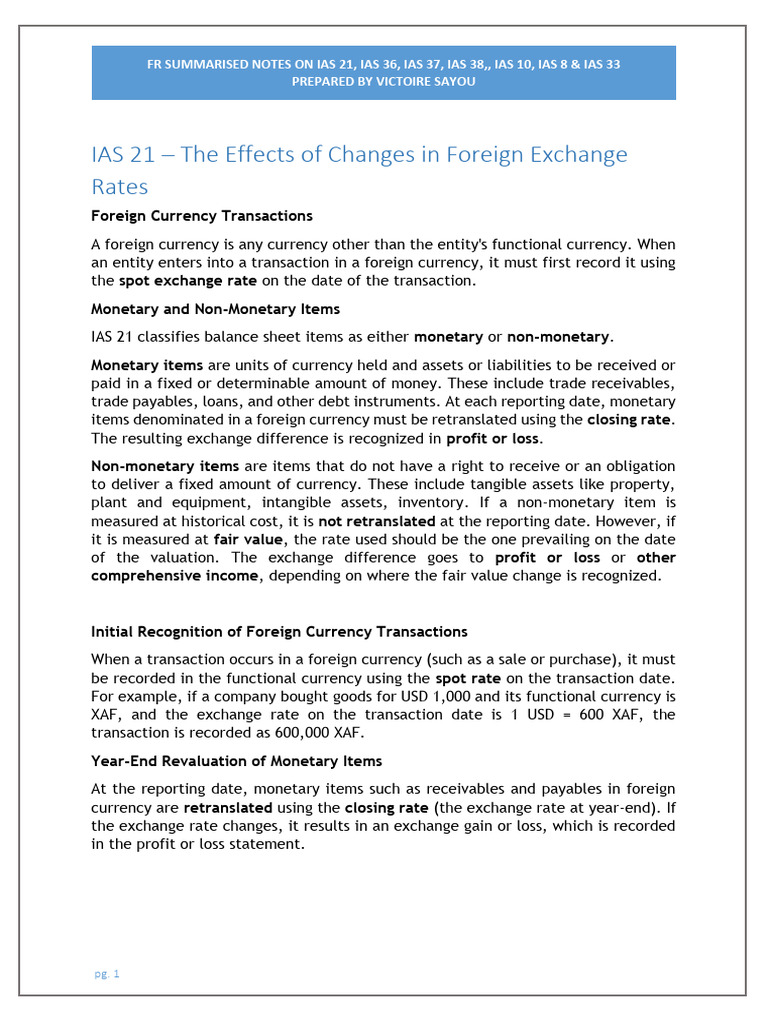 FR SUMMARISED NOTES ON IAS 21 IAS 38 IAS 36 ETC | PDF | Business ...