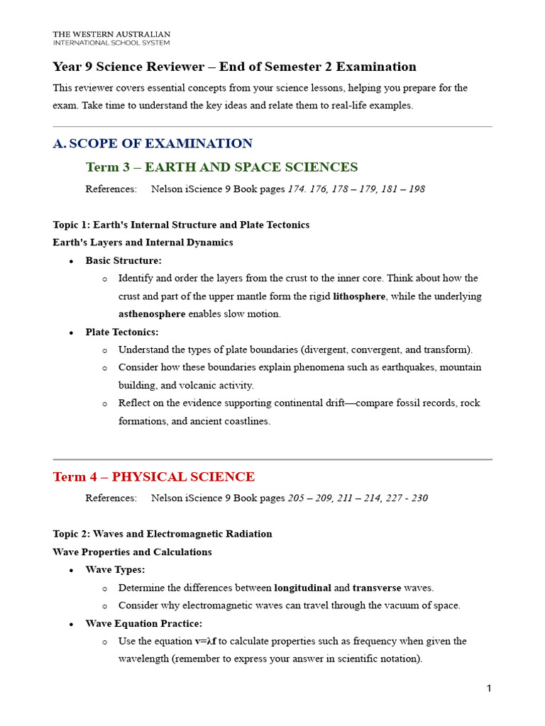 Year 9 Science Exam Review Guide | PDF | Waves | Plate Tectonics