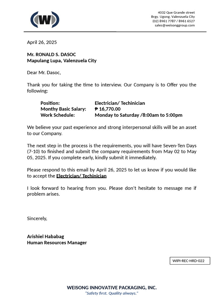 Job Offer - Angela Lobo - Production Checker | PDF | Identity Document ...