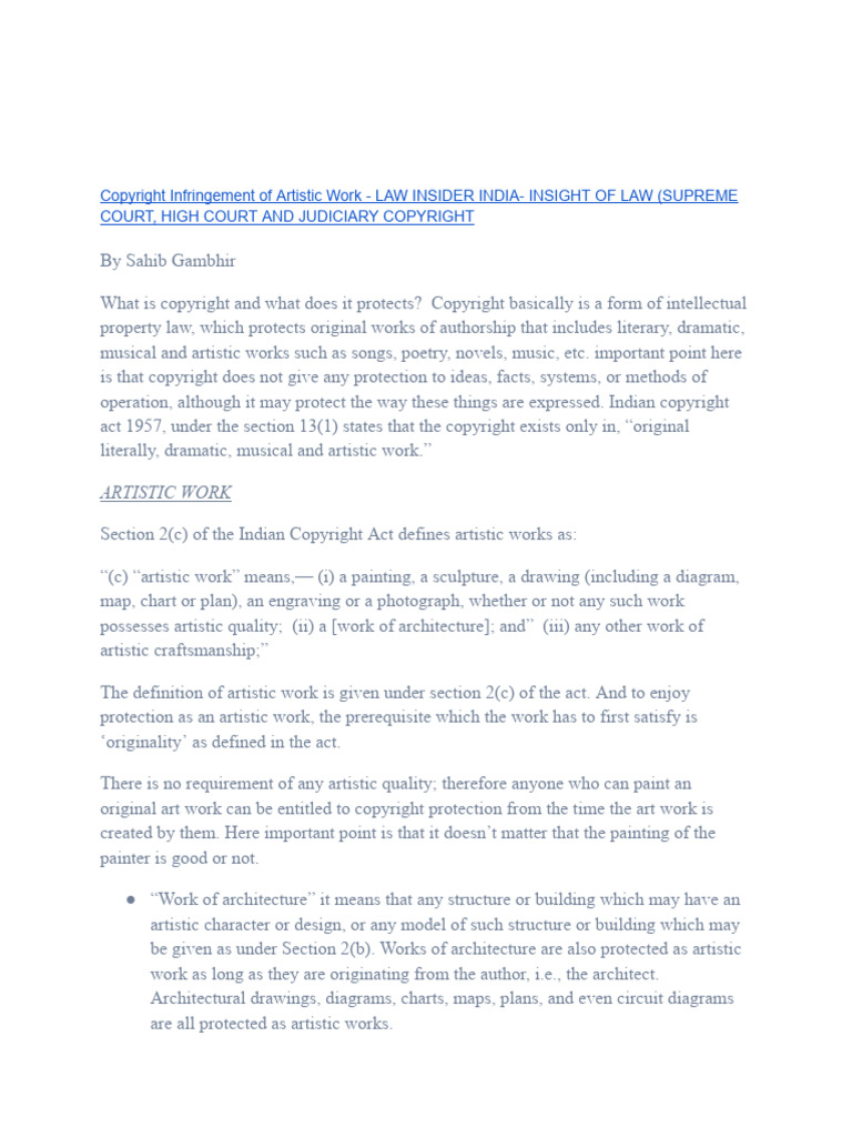 L19 Copyright Infringement of Artistic Work - LAW INSIDER INDIA - INSIGHT OF LAW | PDF ...
