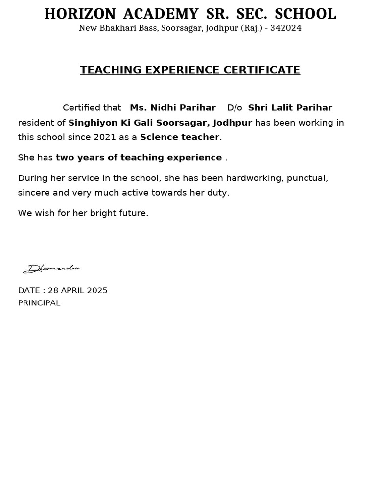 Teaching Experience Certificate | PDF