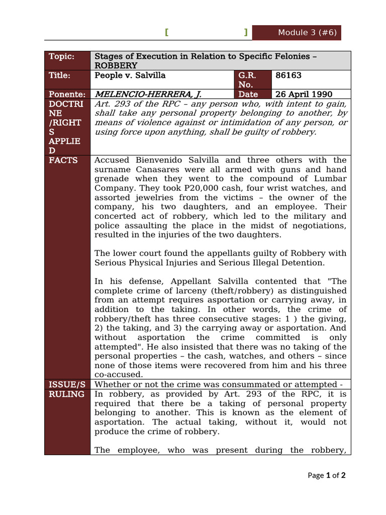Robbery Case Analysis: People v. Salvilla | PDF | Robbery | Larceny