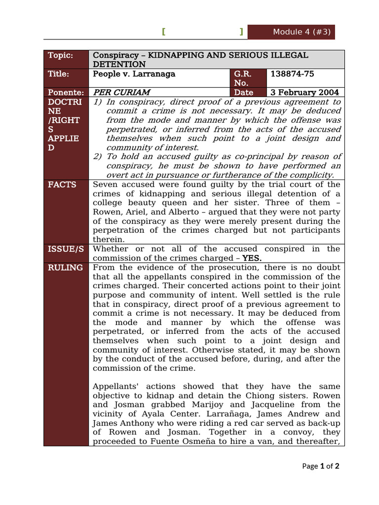 Conspiracy in Kidnapping Case: People v. Larranaga | PDF | Deviance ...