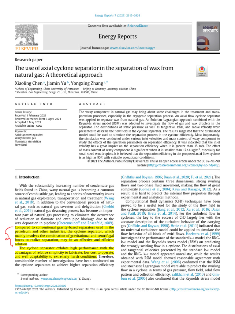 Chen. 2021. The Use of Axial Cyclone Separator in The Separation of Wax ...