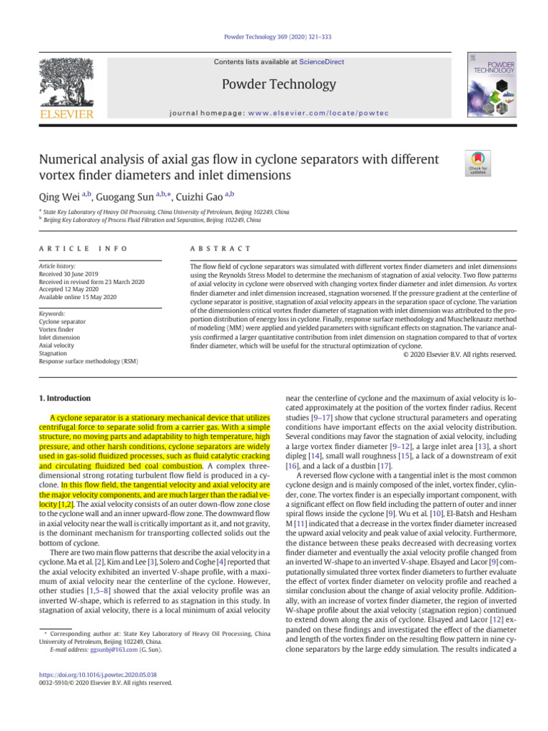 Wei. 2020. Numerical Analysis of Axial Gas Flow in Cyclone Separators ...