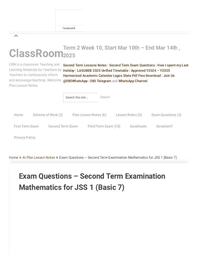 Exam Questions - Second Term Examination Mathematics For JSS 1 (Basic 7 ...