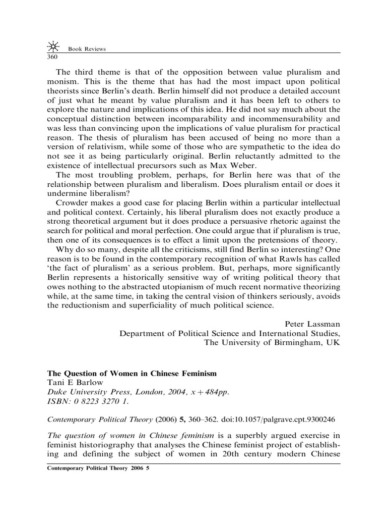 Value Pluralism vs. Monism in Politics | PDF | Feminism | Gender Studies