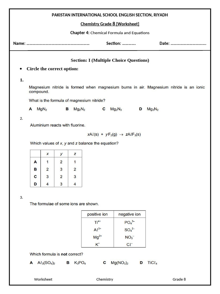 Grade 8 Chemical Formula Worksheet | PDF | Sulfate | Salt (Chemistry)