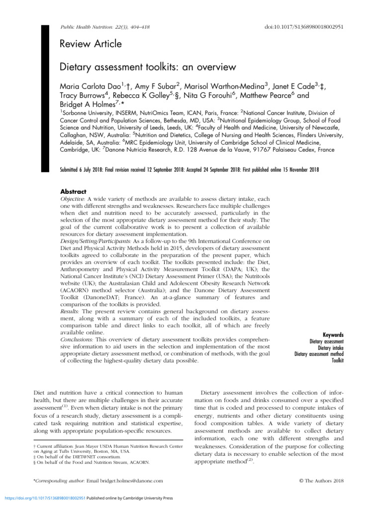 Dietary Assessment Toolkits An Overview | PDF