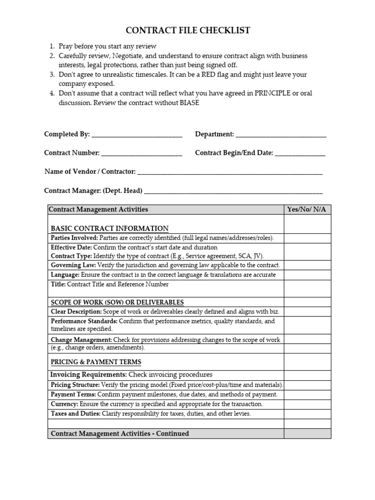 contract-file-checklist - Copy | PDF | Payments | Taxes