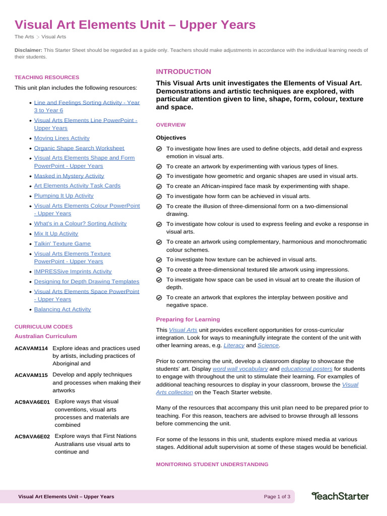 Overview - Visual Art Elements Unit Upper Years | PDF | Shape | Classroom